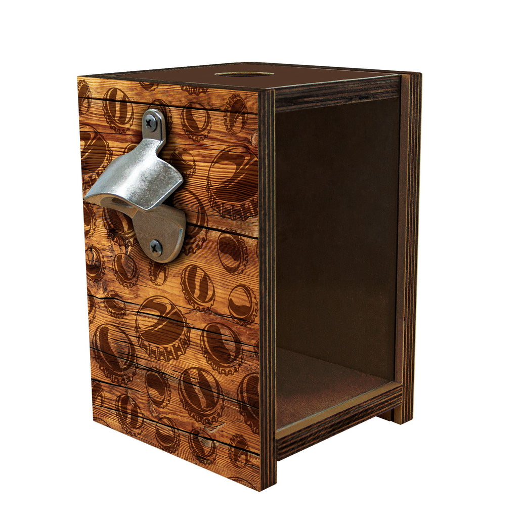 Wooden Bottle Cap Holder Box with Metal Bottle Opener - Walnut Stain ...