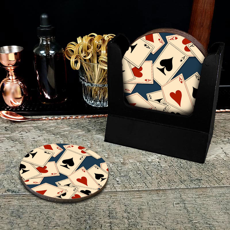 Wooden Round Coasters - Playing Cards - Set of 4 W/ Coaster Caddy – Bar ...