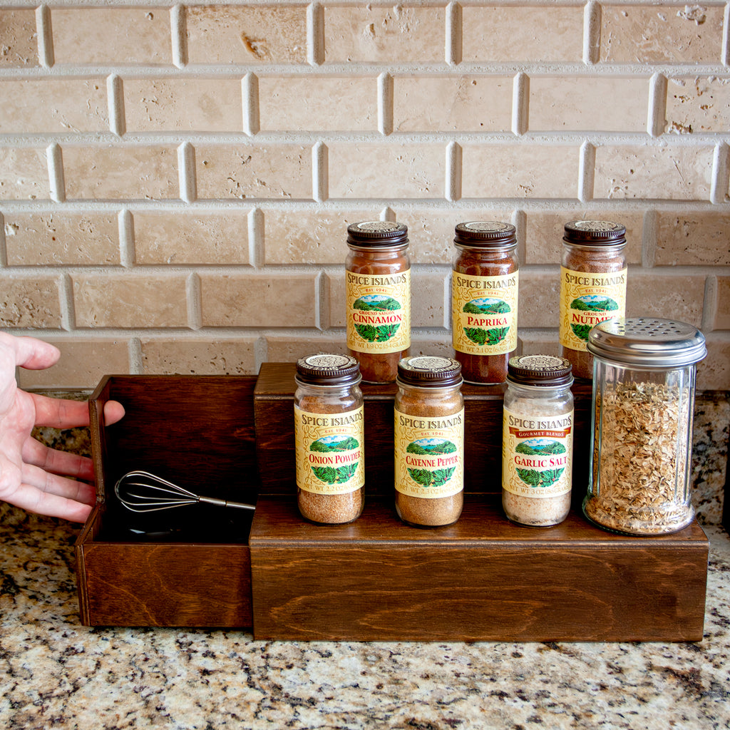 Wooden 2 Tier Shelf with Pull Out Storage for Space Saving - Dark Waln ...