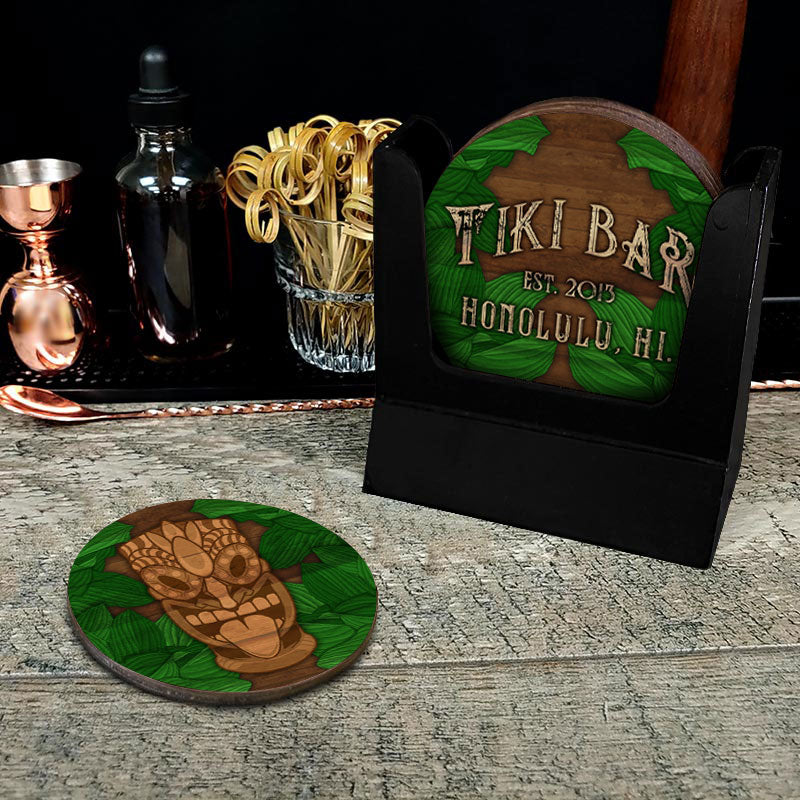 Customizable Wooden Coasters - Tiki Leaves - Round - Set of 4 – Bar ...