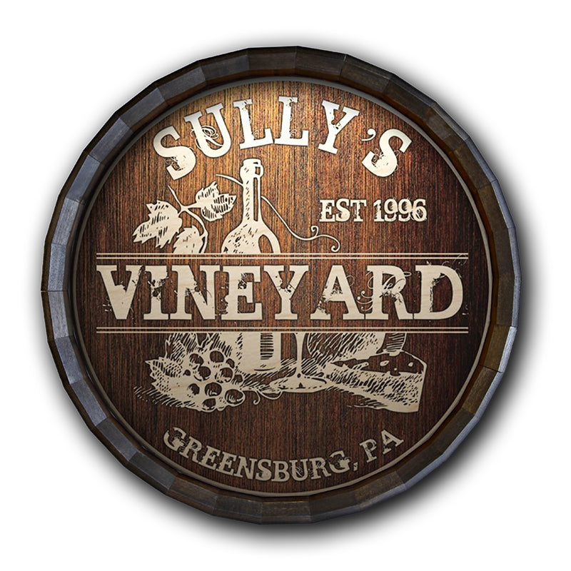 Custom Wood Barrel Top –Vineyard Tavern Sign – Bar Supplies