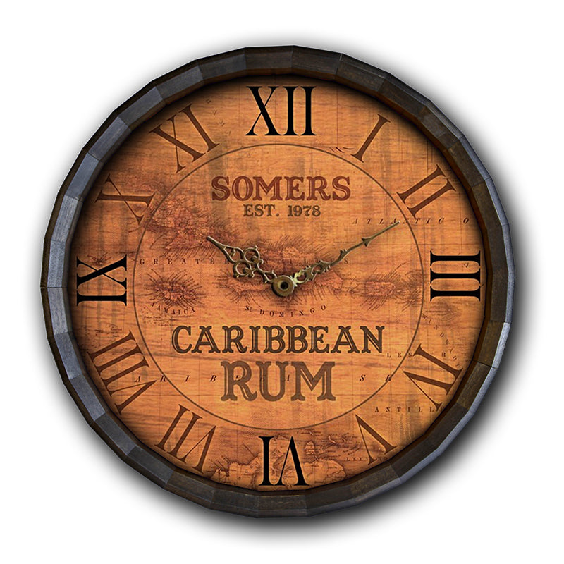 Custom Wood Barrel Top Clock – Caribbean Rum – Bar Supplies