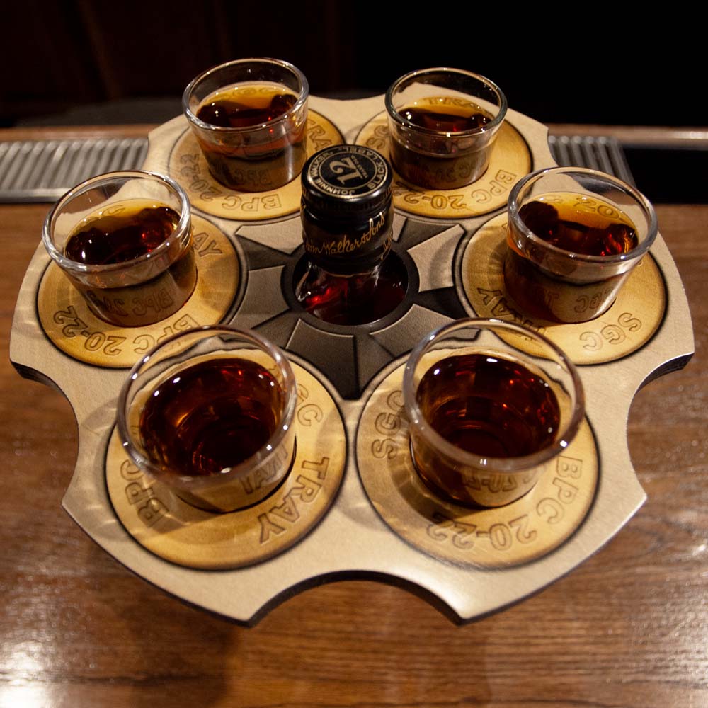 6-Shooter Wood Shot Glass Serving Tray and Bottle Topper - "Revolver C ...