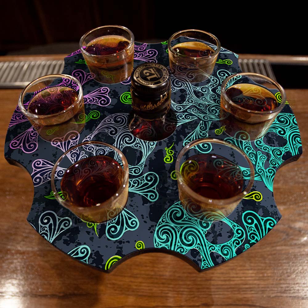 6-Shooter Wood Shot Glass Caddy Tray and Bottle Topper - "Large Skulls ...