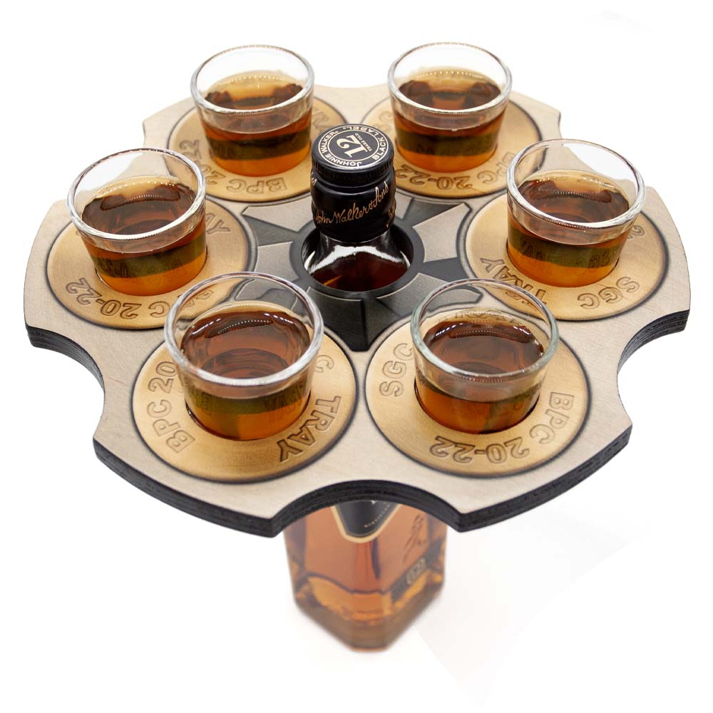 6-Shooter Wood Shot Glass Serving Tray and Bottle Topper - "Revolver C ...