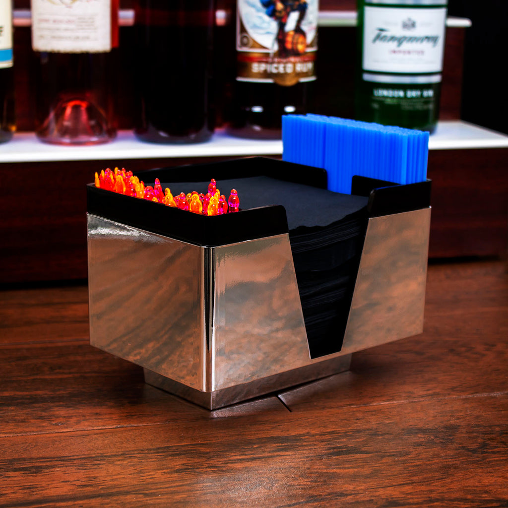 3 COMPARTMENT NAPKIN BAR CADDY - BLACK AND CHROME – Bar Supplies